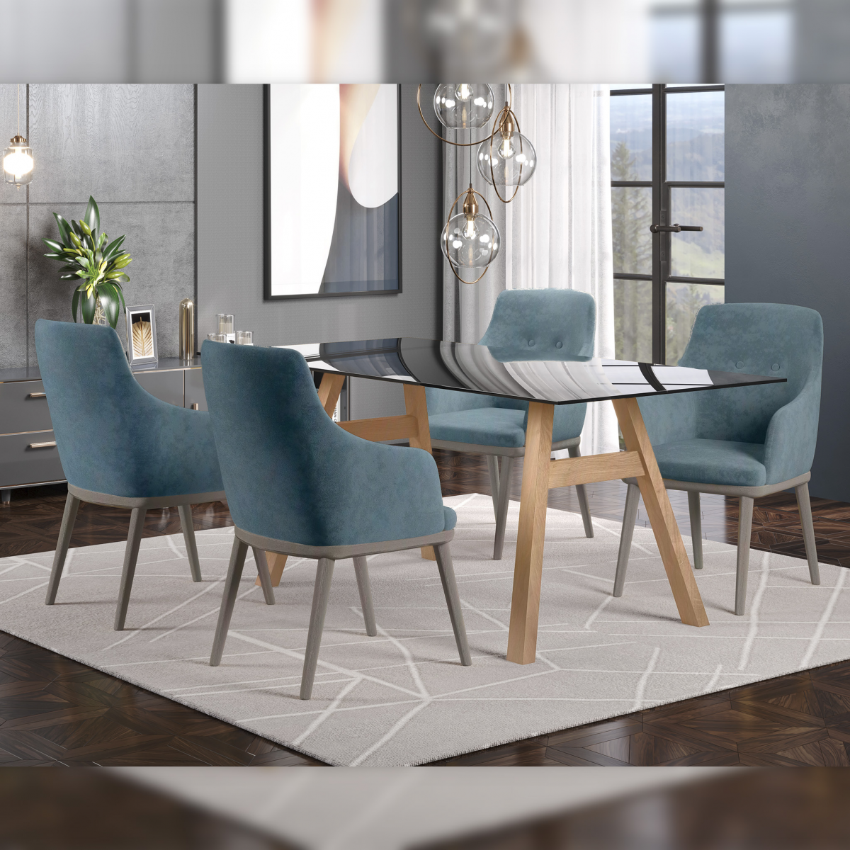 Mesa Caen Carvalho/Vidro Preto com 4 Cadeiras Modena - 02986-403 - Moviflor